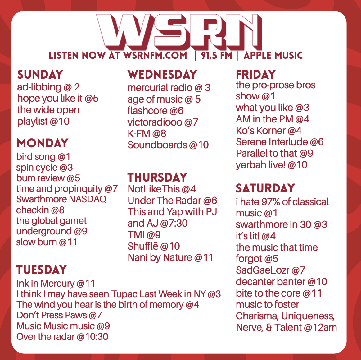 WSRN Weekly Schedule 09/29/25 - The Phoenix